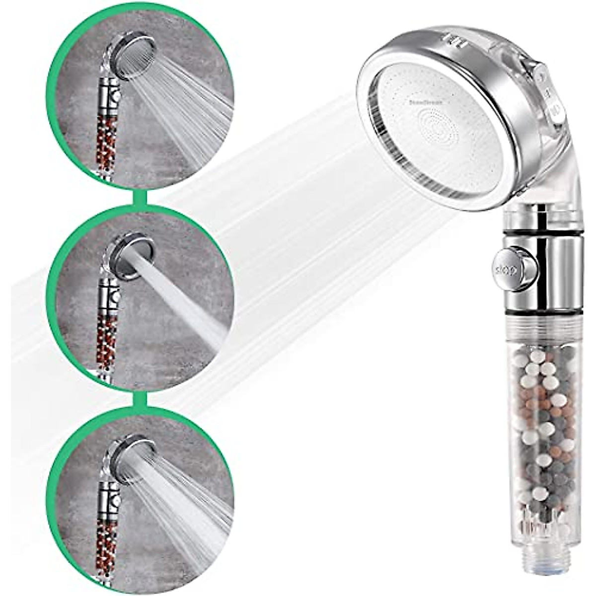 Original StoneStream EcoPower High Pressure Handheld Shower Head with ON OFF switch- 3 Spray Settings with Hose, Wall Adapter and Replacement Beads