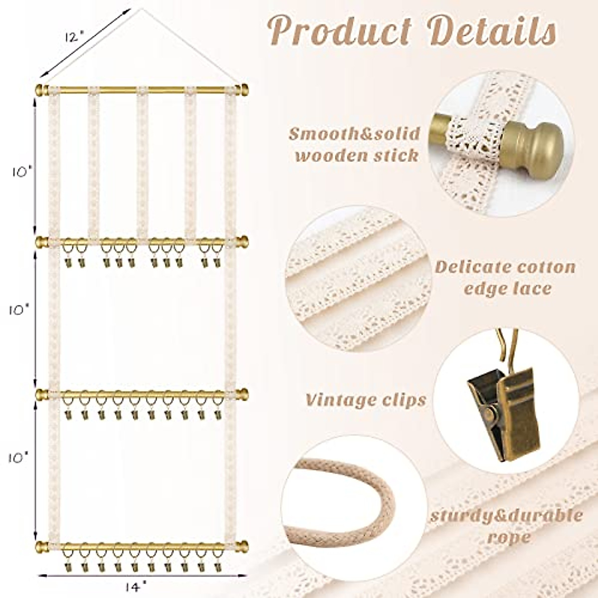 CN Headband Organizer Holder for Baby Girls, Bow Holder for Girls Hair Bows, Hair Accessories Hanger Boho Ribbon Storage with 30 Bronze Clips for Nursery Hanging Room Decor For Wall