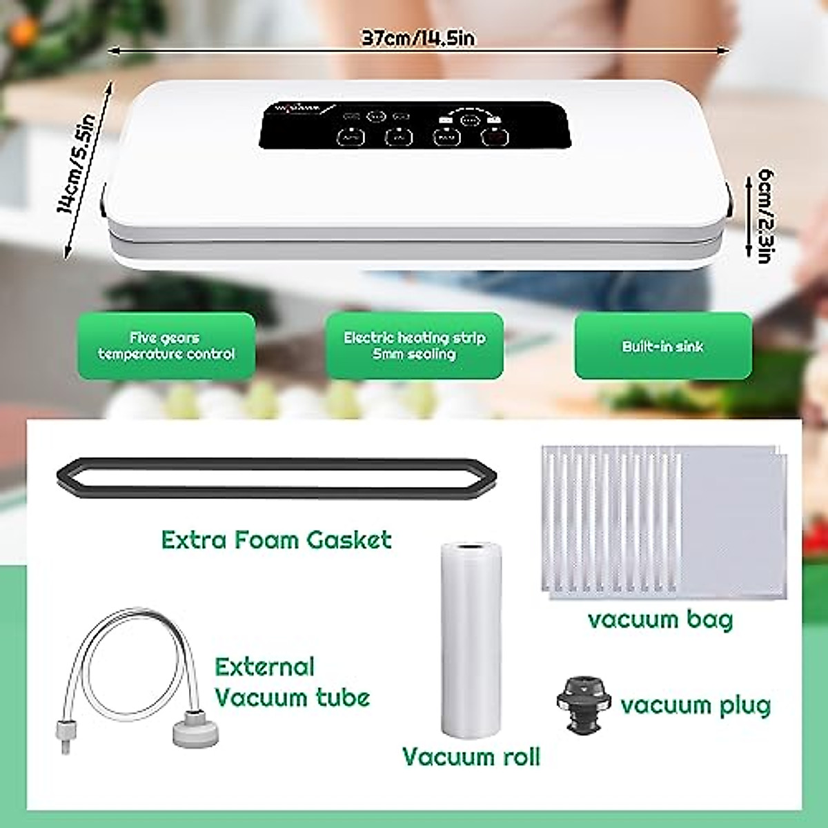 VACSLANOK Vacuum Sealer Machine, 70Kpa Automatic Vacuum Air Food Saver One-Click Operation, 4 Food Preservation Modes, 5 Temperature Modes With 50 Vacuum Sealer Bags and External Vacuum Pump,white