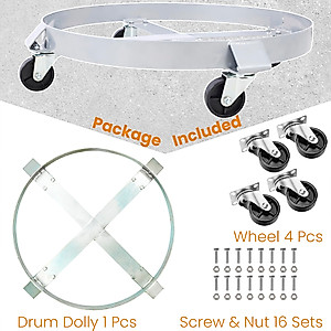 55-Gallon Drum and Garbage Can Dolly – 1000 Pound Trash Can Dolly Swivel Casters Wheel Steel Frame Dolly Cart Non Tipping Hand Truck Capacity Dollies(Silver)