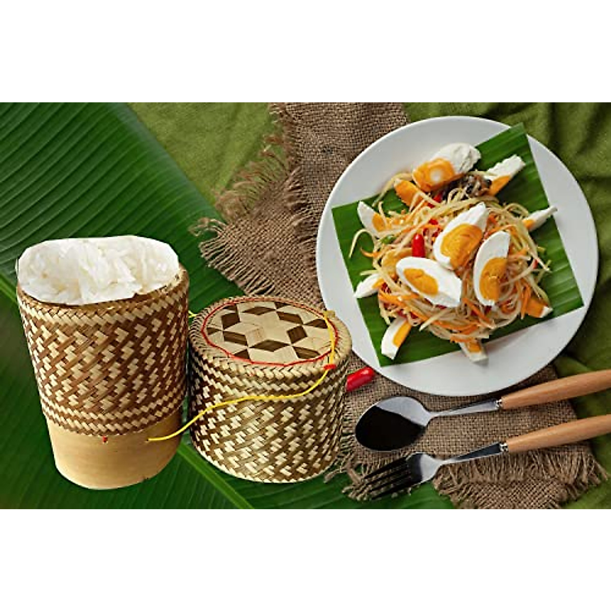 Heavens Tvcz Bamboo Sticky Rice Serving Basket Handmade 100% Kratip Container Thai Laos Traditional Weave Wickerwork Based Travel Picnic Based Dye Food Safe Family Size 5.00 Inch Diameter