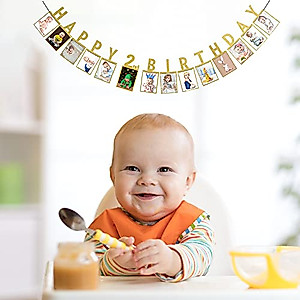 Labakita Happy 2nd Birthday Photo Banner - Baby 2nd Birthday Photo Frame Photo Banner - Baby Boy or Girl's 2nd Birthday Party Decorations Supplies - Two Years Old Birthday Sign (Gold)
