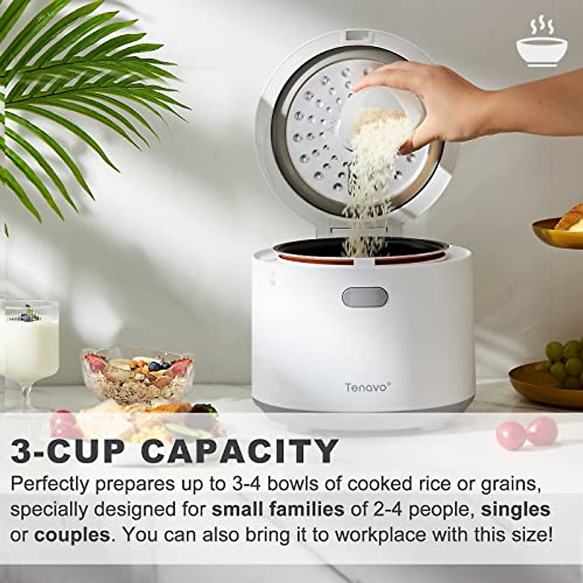 Tenavo Small Rice Cooker 3 Cups Uncooked,1.6L Rice Cooker Small, Portable Rice Cooker Small for 2-4 People, Mini Rice Cooker, Multi-cooker for Brown Rice, White Rice, Quinoa, Steel Cut Oats, and Grains, Touch Control, 400W, Black