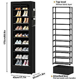 OYREL Shoes Rack,10 Tier Tall Shoe Rack - Narrow Shoe Rack with Storage Box,Fabric Covered Shoe Rack,Metal Shoe Rack Organizer,Shoe Racks for Closets,Shoe Stand,Shoe Shelf Storage,17.7"L 11.8"W 68.9"H