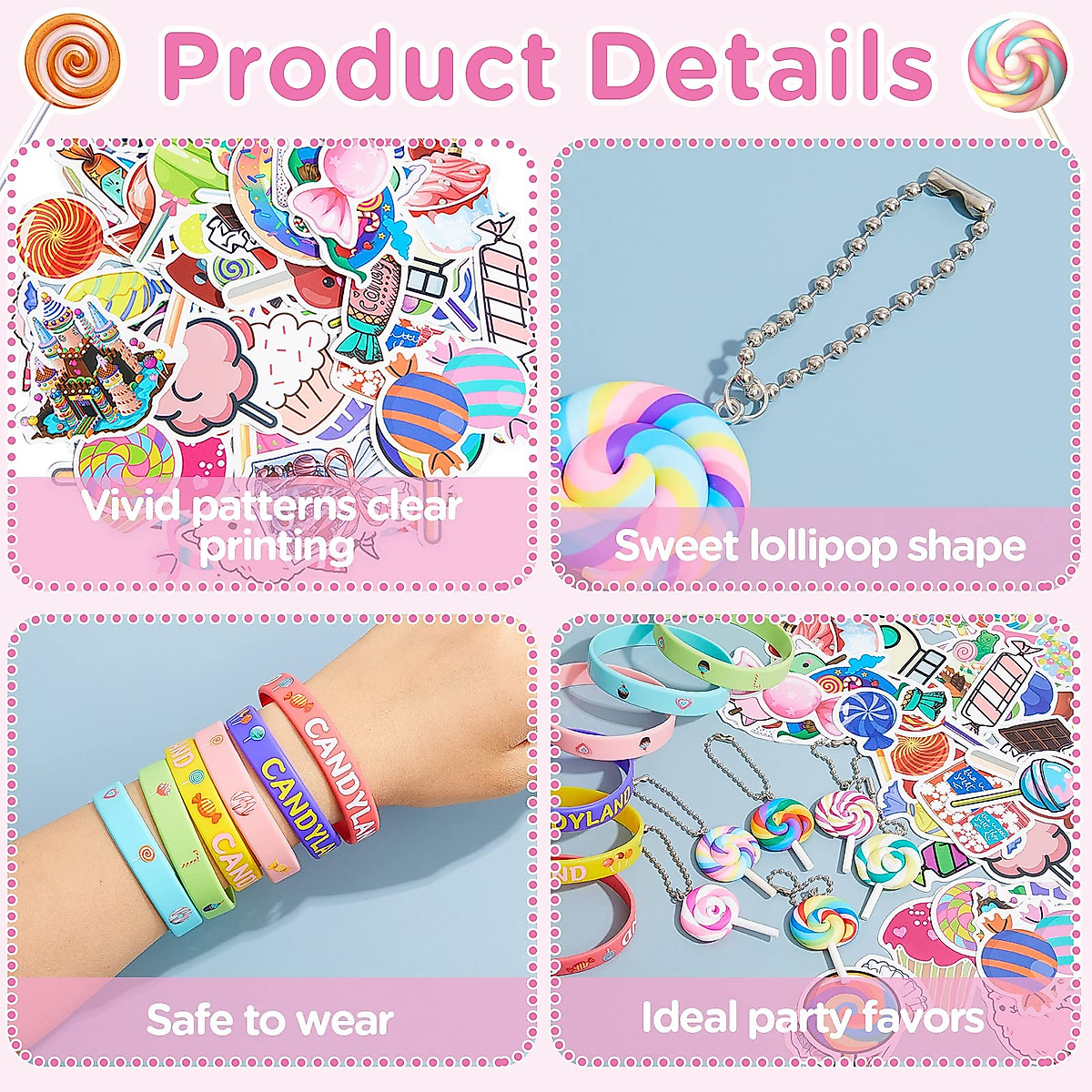 Deekin 147 Pcs Candyland Party Favors Set Include 24 Lollipops Keychains 24 Candyland Silicone Wristbands 50 Candy Stickers 24 Thank You Tags and White Organza Bags Candyland Party Favors