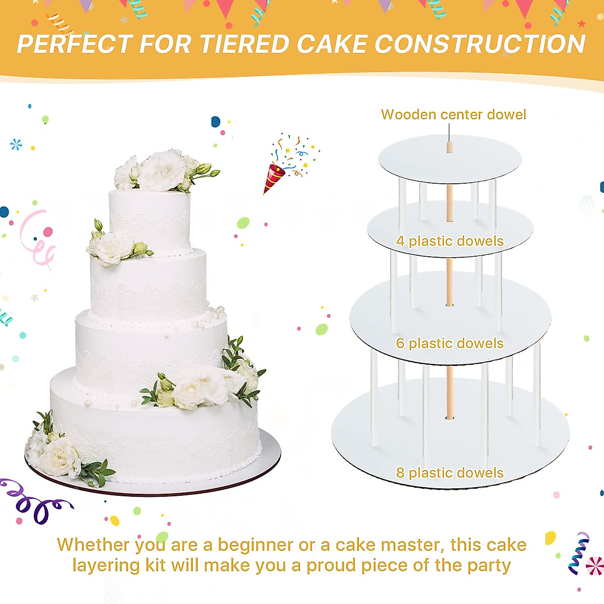 Worldity 230PCS Cake Boards Tiering Kit, 12 Inch,10 Inch, 8 Inch, 6 Inch Cake Cardboard Rounds, Parchment Paper Rounds, Wooden Dowels and Straw Dowels, Cake Plates for Wedding Birthday Party