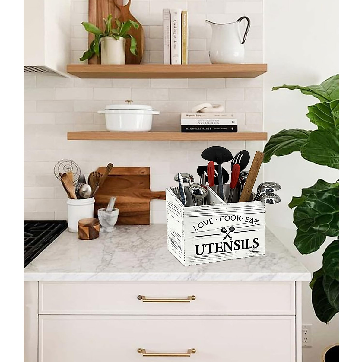 GIFTAYA Wood Utensil Holder for Kitchen Countertop | Farmhouse Kitchen Decor for Flatware | Utensil Caddy with 2 Compartments | Rustic Utensil Organizer for Kitchen (2 Compartments)