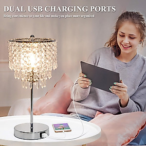 Touch Control Crystal Table Lamp with Dual USB Charging Ports, 3-Way Dimmable Bedside Touch Lamp Decorative Nightstand Lamp with Elegant Lamp Shade for Living Room Bedroom, B11 LED Bulb Included