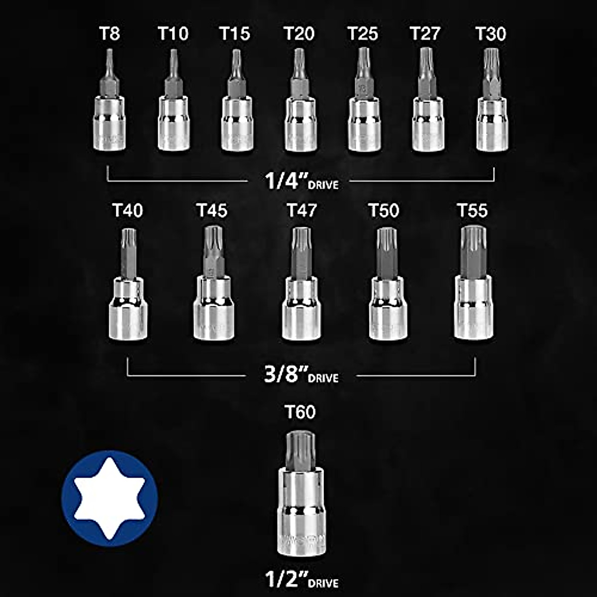 WORKPRO 13-Piece Torx Bit Socket Set T8-T60, 1/4", 3/8" and 1/2" Drive, S2 Steel 6 Point Star Bits and CR-V Sockets with Storage Case For Hand Use Work On Cars, Trucks