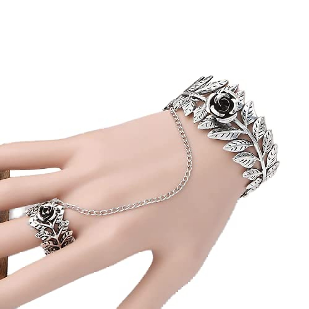 Asphire Gothic Leaf Vine Bracelet with Finger Ring Retro Silver Rose Slave Bracelet Punk Hip Hop Hand Finger Chain Harness Bracelet Jewelry for Women