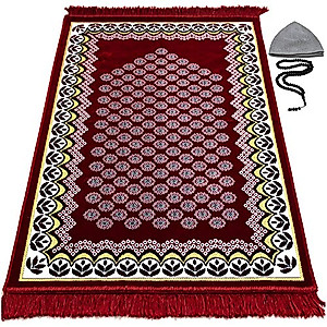 Modefa Prayer Rug Free Prayer Cap & Beads - Thin Velvet Namaz Sajadah Janamaz Floral Daisy Arch (Red)