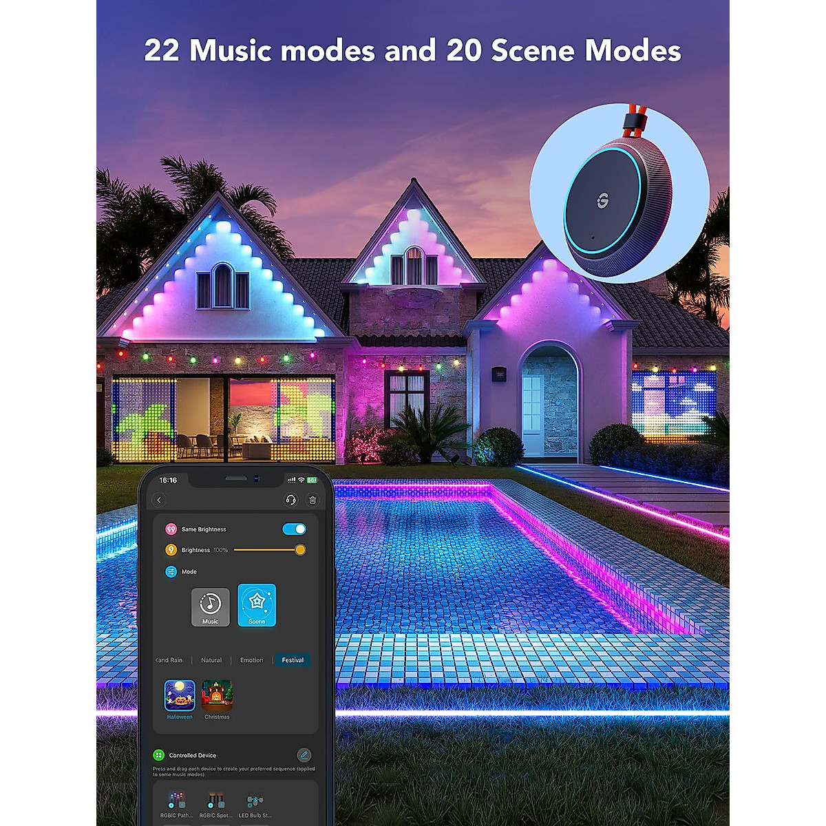 Govee Outdoor Light Show Box, 22 Music Modes and 20 Scene Modes, Bluetooth Smart Group Control 10 Devices, IP65 Waterproof, Battery Powered, USB Charged, Supports Govee Smart Color Lights