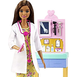 Barbie Careers Doll & Playset, Pediatrician Theme with Brunette Fashion Doll, 1 Patient Doll, Furniture & Accessories,White