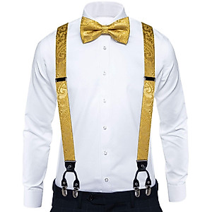 DiBanGu Gold Paisley Suspenders for Men Y-Shape Adjustable Suspenders Bowtie Pocket Square Cufflinks Clip Brace