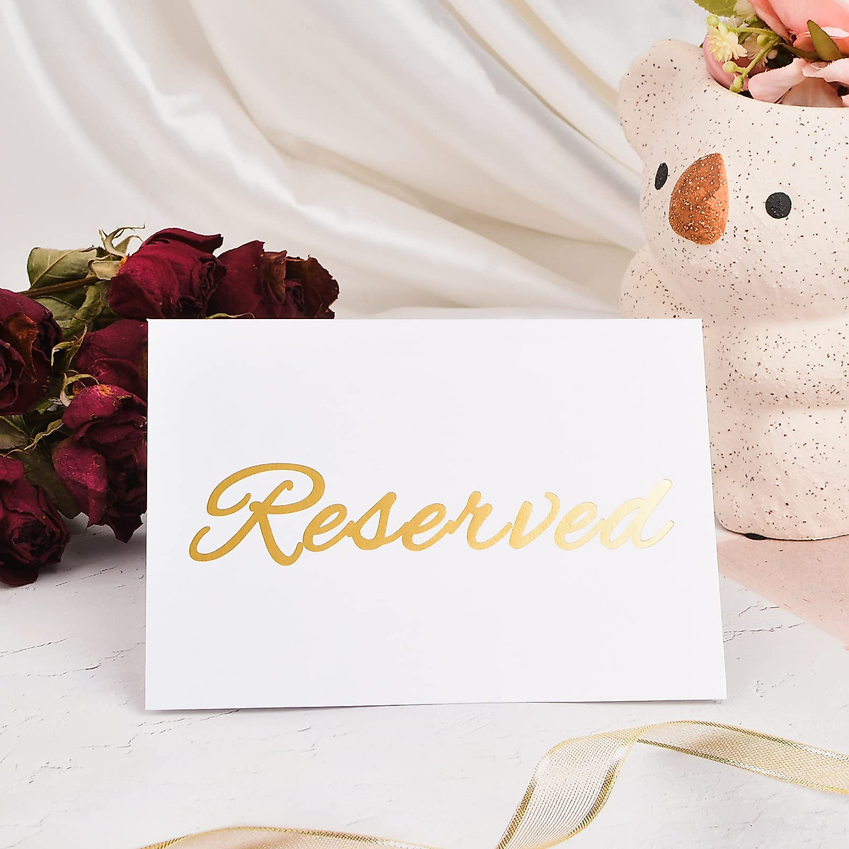 URROMA 25 Pcs Gold Wedding Reserved Table Signs, Double Sided Reserved Table Signs Gold Font Table Reserved Cards White Paper Reserved Table Tent Card