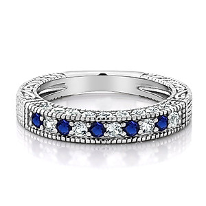 Gem Stone King 925 Sterling Silver Blue and White Created Sapphire Ring | Wedding Band Ring For Women | 1.00 Cttw | Available In Size 5, 6, 7, 8, 9