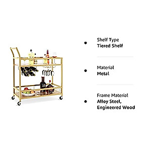 JUMMICO Bar Cart Industrial Home Mobile Wine Cart Serving Bar Cart on Wheels with Storage Shelves Wine Rack and Glass Holder for Living Room, Kitchen, Corridor, Hallway,Gold