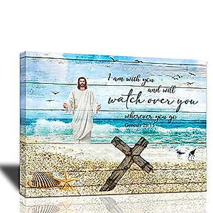 Christian Inspirational Decor Wall Art Jesus and Cross on Beach Picture Motivational Scripture Bible Verse Canvas Prints Teal and Blue Framed Artwork for Living Room Bedroom Bathroom Large 16"x12"