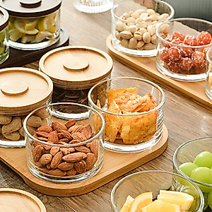 KVMORZE 9.5oz Chip and Dip Serving Set with Bamboo Tray, Snack Candy Fruit Nut Serving Platter, Small Glass Dipping Serving Bowls with Lids for Condiments, Side Dishes, Pre, Dessert, Salsa (4 Slots)