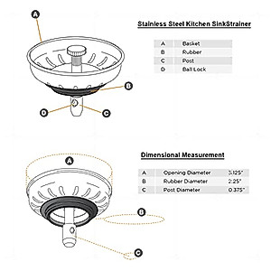 Highcraft 9754JO Stainless Steel Kitchen Sink Strainer Basket-Replacement for Standard Drains (3-1/4 Inch) -Ball-lock Rubber Stopper, 3-1/2