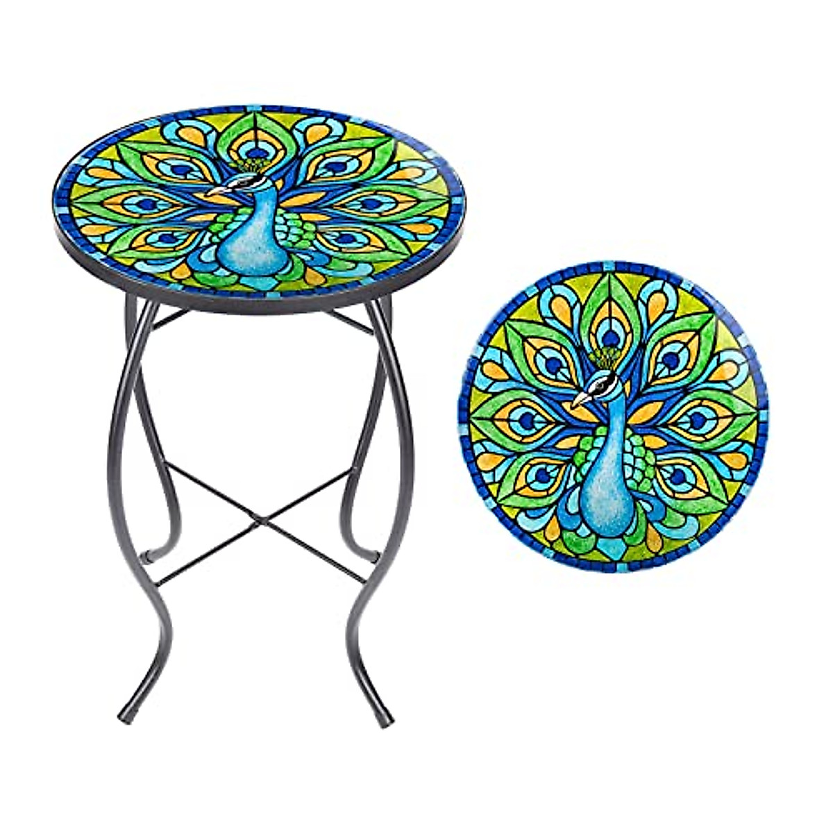 MUMTOP Outdoor Side Table - Small Mosaic Patio Table, Peacock 14” Round Accent End Coffee Table Glass Plant Stand for Garden Patio Living Room(Green)