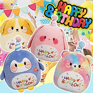 ARELUX Large 18in Cute Bunny Cuddle Plush Soft Bunny Stuffed Animal Birthday Pillow Kids Huggable Rabbit Plushie Toy Big Size Happy Birthday Party Decoration Plushies Gift for Friends Boys Girls Pink