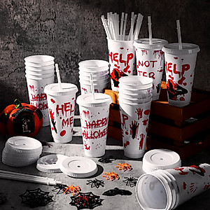 Dandat 24 Pcs Halloween Plastic Cups 24Oz Halloween Bloody Handprint Cups Halloween Reusable Cups with Lids and Straws Halloween Party Favors Supplies Halloween Cups for Adults Party Decoration