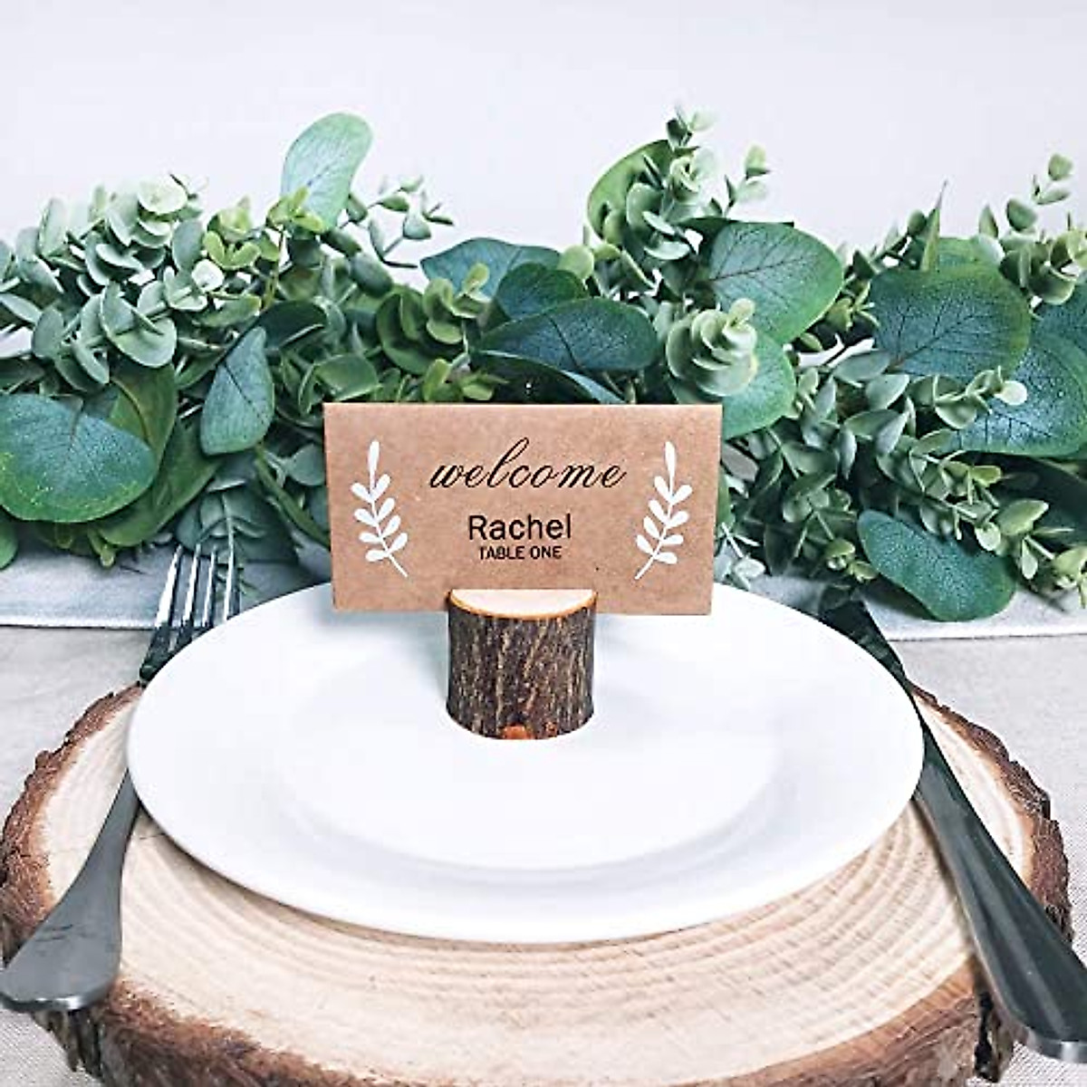 30 Pcs Rustic Wood Place Card Holders Circular Table Numbers Holder Stand Wooden Bark Memo Holder Card Photo Picture Note Clip Holders and Kraft Place Cards Bulk Wedding Party Table Number Sign