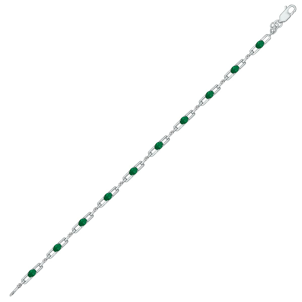 Emerald and Natural Diamond Double Bar Link Bracelet in .925 Sterling Silver