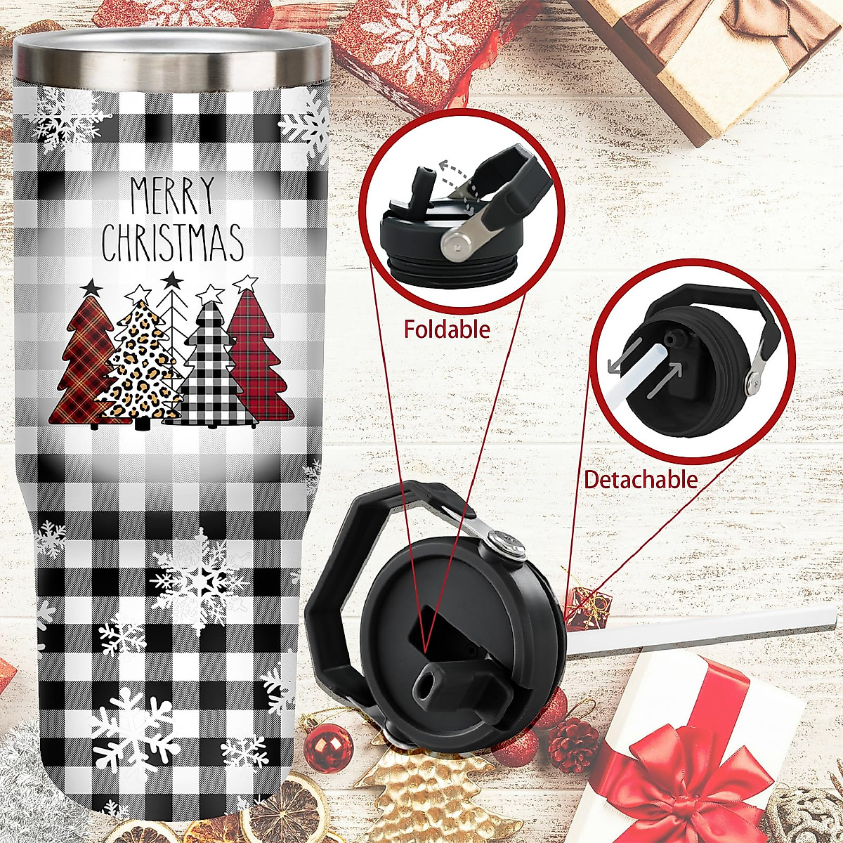 30oz Christmas Tumbler with Handle and Straw, Stainless Steel Vacuum Insulated Flip Straw 30 oz Christmas Tree Coffee Tumbler, Spill Proof Travel Mug, Merry Christmas Decor Gifts for Women