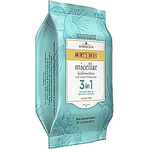 Burt's Bees, 3 in Facial Cleanser Towelettes and Makeup Remover Wipes and Made Repurposed Cotton, Micellar with Coconut & Lotus Water, 30 Count (Pack of 2)