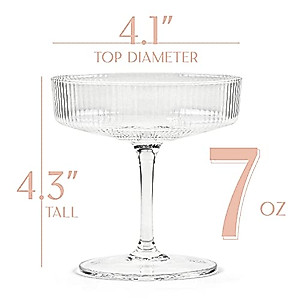 Vintage Art Deco Coupe Glasses | Set of 4 | 7 oz Classic Cocktail Glassware for Champagne, Martini, Manhattan, Cosmopolitan, Sidecar, Daiquiri | Crystal Speakeasy Style Saucer Goblets with Stems