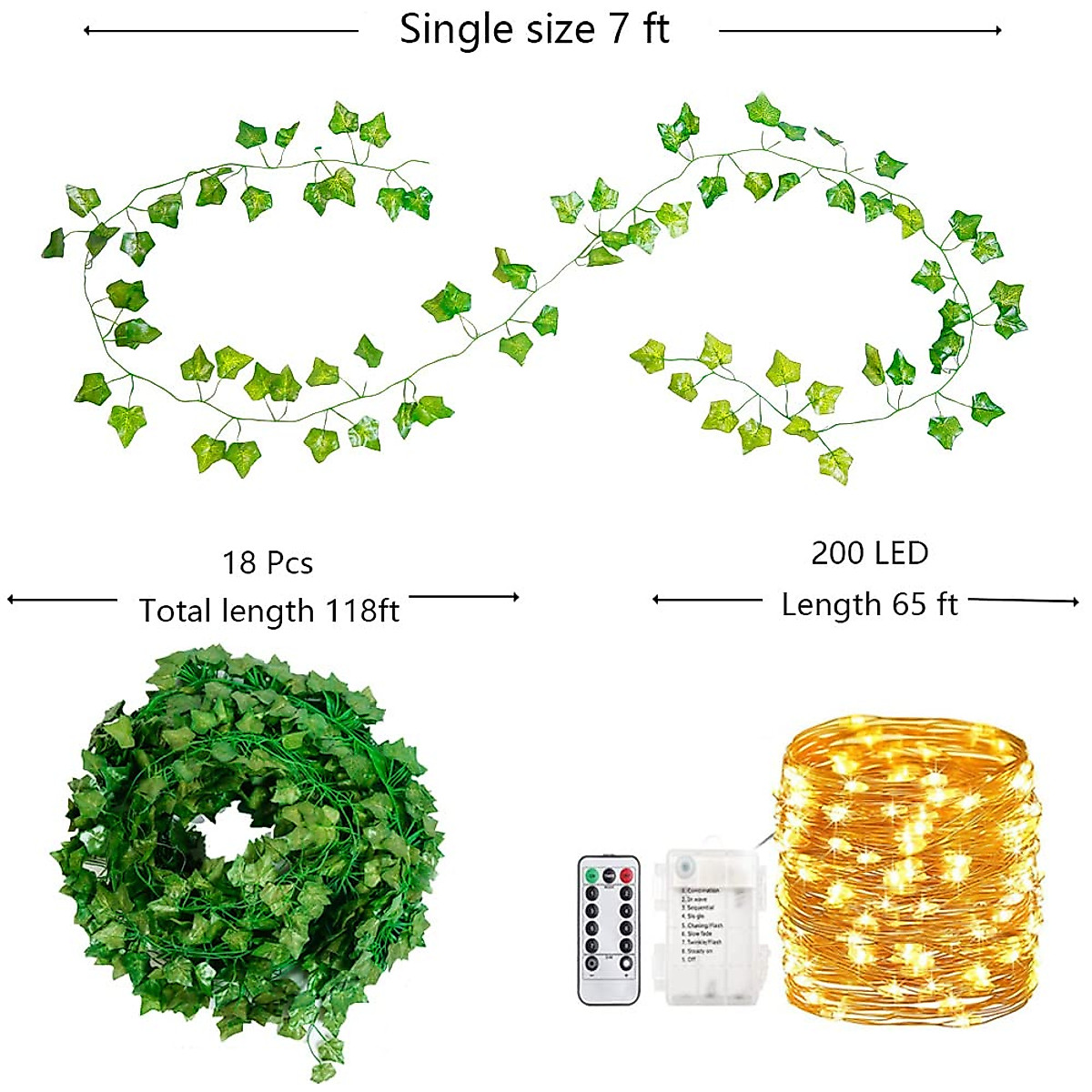 18 Pcs 118ft Artificial Ivy Garland Fake Vines Plants Vine with 200 Led String Lights and Remote Control for Bedroom Garden Home Kitchen Office Outdoor Wall Decor