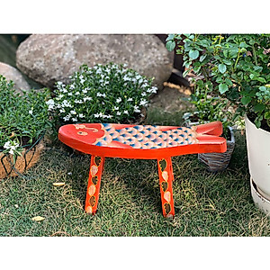 Kelendle Small Wooden Stool Hand Carved Wooden Foot Stool Children's Fish Stool Vintage Wood Stool Crafted Hand-Painted Wood with Two-Legged Stool Red