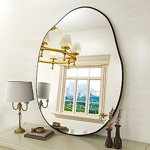 HARRITPURE Irregular Wall Mirror 26"x40" Black Asymmetrical Bathroom Mirror Wood Framed Modern Decorative Vanity Mirrors for Bedroom Living Room Entryway