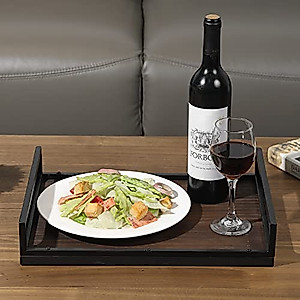 MyGift Large Wood Serving Tray, 16 x 12 Inch Matte Black Metal and Burnt Brown Wooden Party Server Tray, Decorative Ottoman Tray with Cutout Handles