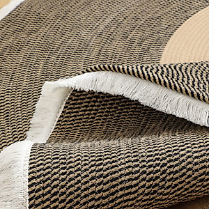 MVSUTA Boho Tassel Tan and Black 24" Round Washable Chic Bohemian Indoor Hand Woven Cotton Cord Circle Carpet for Living Room Soft Area Rugs,Small Size 2' Round