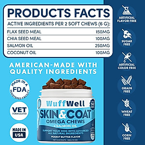 WuffWell - Omega 3 for Dogs with Salmon Oil 140ct - Dog Skin and Coat Supplement - Allergy and Itch Relief - Fish Oil for Dogs Chews - Dog Anti Shedding Supplement - Dry Skin Treatment - Made in USA