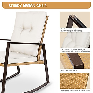 YIYAN 3 Pieces Patio Bistro Set Outdoor Rattan Wicker Rocking Chairs Set,Patio Outdoor Furniture Conversation Sets with Sofa Chairs,Glass Coffee Table and Washable Cushion (Light Beige)