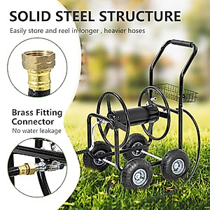 Hose Reel Hold Up To 300 Ft Heavy Duty Garden Hose Reel Sturdy Water Hose Reel Cart with 4 Wheels Storage Basket for Garden Lawn Yard Outdoor (Black)