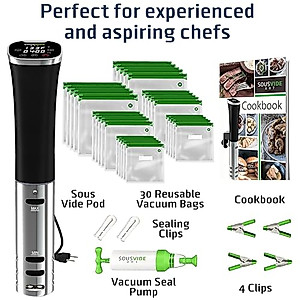 SOUSVIDE ART Sous Vide Immersion Cooker Kit - Machine with Digital Timer, Temp Control, 30 Bags, Vacuum Pump, Suvee Cooker Gift for Chefs