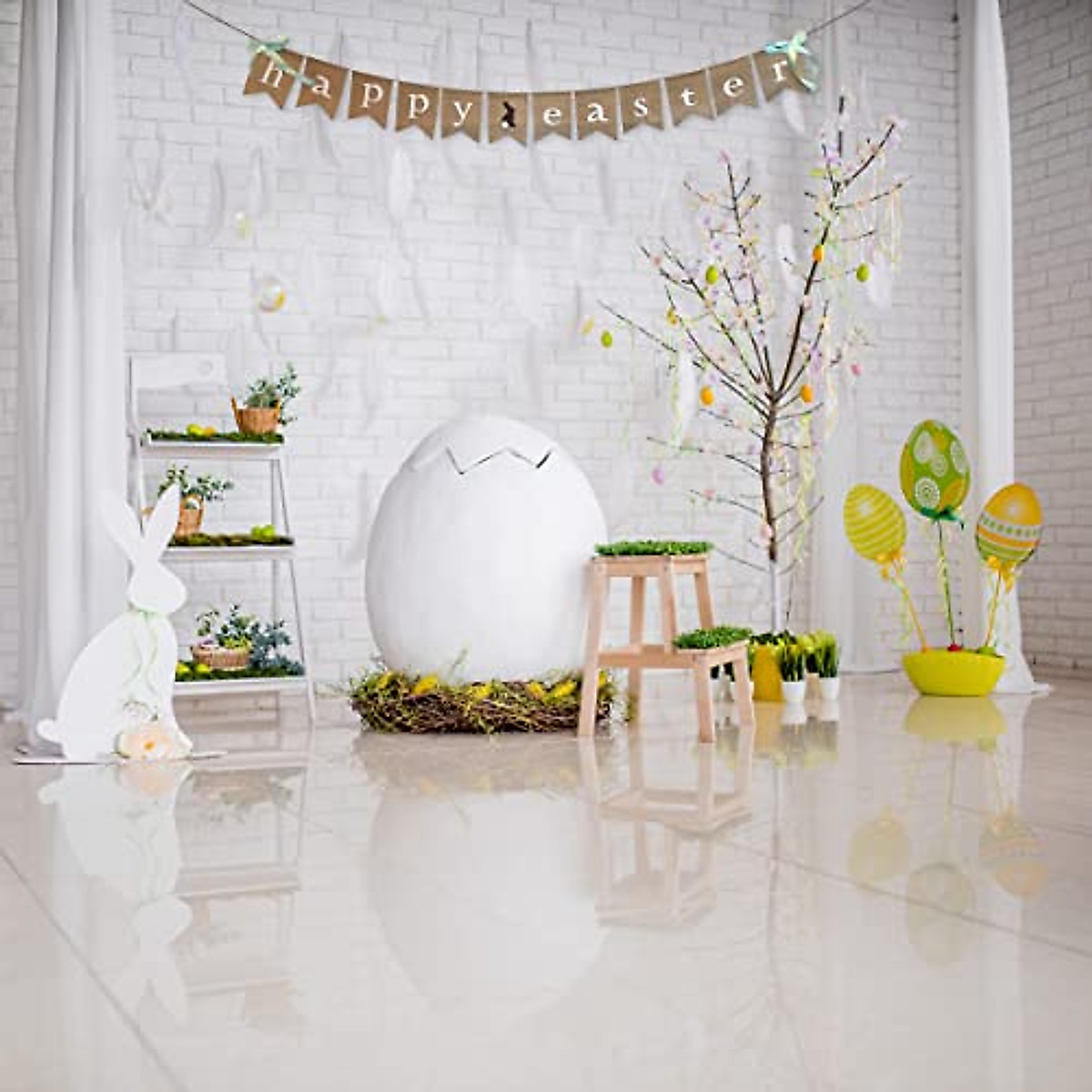 Happy Easter Burlap Banner Garland - Bunny Rabbit & Fluffy Tail Design - Ready to Hang Wall Decor - Complete with Hanging Ribbon Decoration - by Jolly Jon