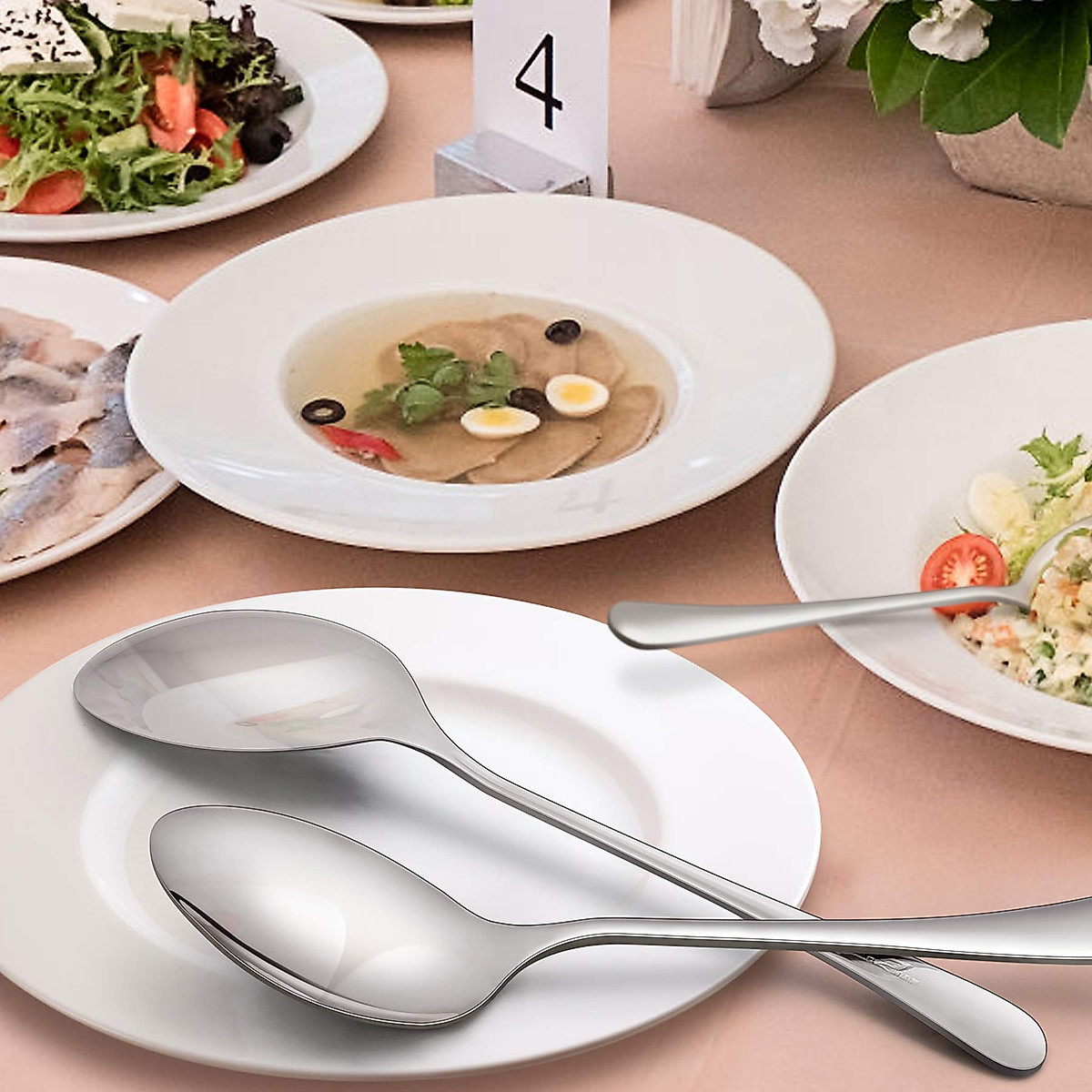 LIANYU Serving Spoon Set of 6, 9.8 Inch Stainless Steel Large Dinner Buffet Catering Banquet Serving Spoons, Mirror Finish, Dishwasher Safe