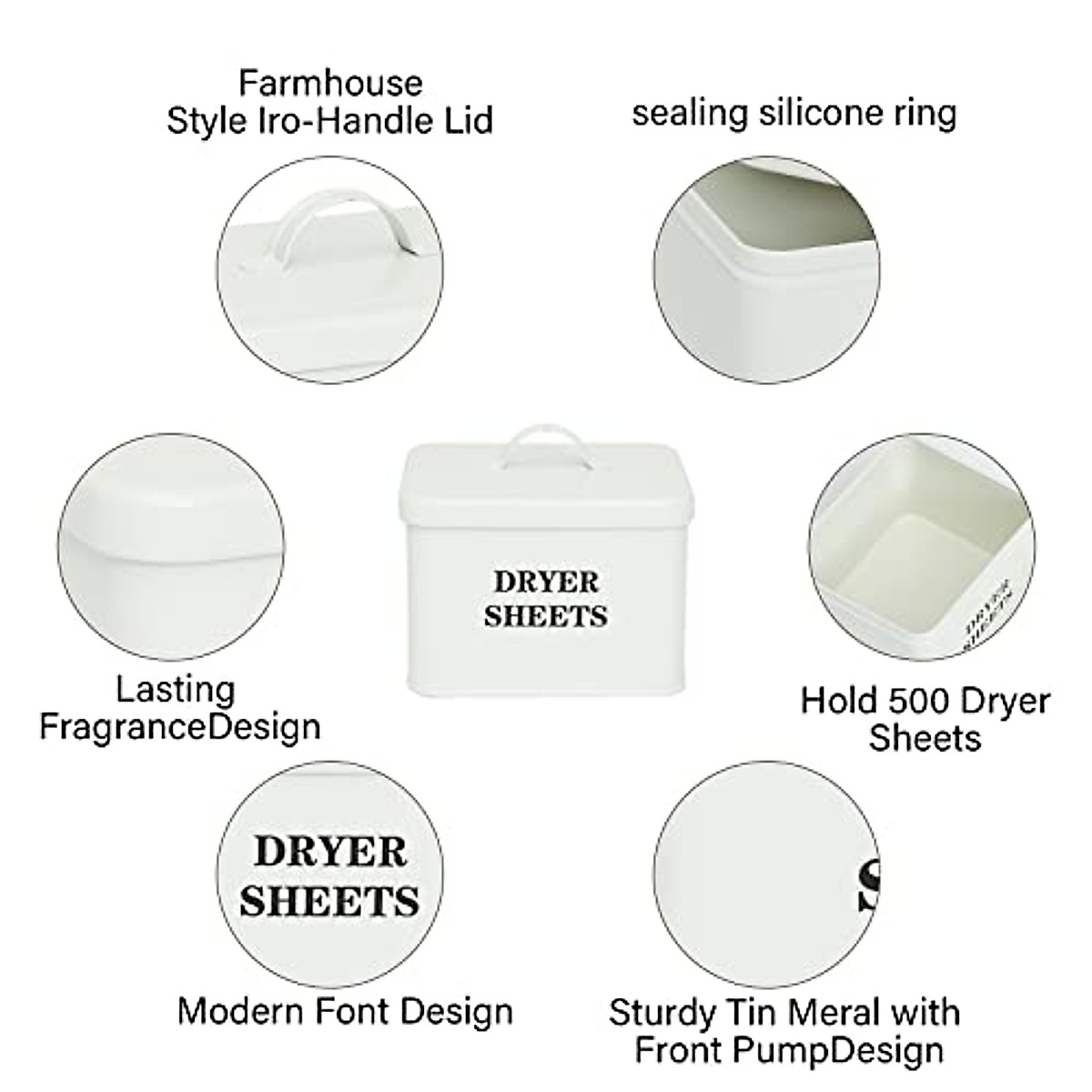 Xbopetda Dryer Sheets Holder for Organization and Storage, Modern Farmhouse Metal Laundry Dryer Sheet Dispenser, Dryer Sheet Container with Lid for Laundry Room Decor-White