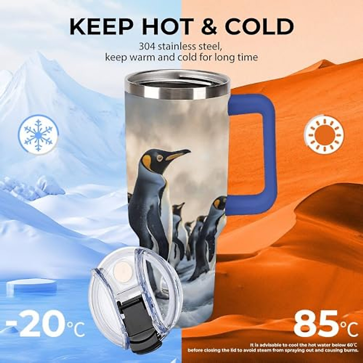 LLUTSNTH 40 Oz Vacuum Tumbler with Deep Blue Handle Leakproof Insulated Tumbler Sea Penguin Stainless Steel Travel Mug with Lid And Straw Coffee Cup Cute Water Bottles Cup Holder Friendly