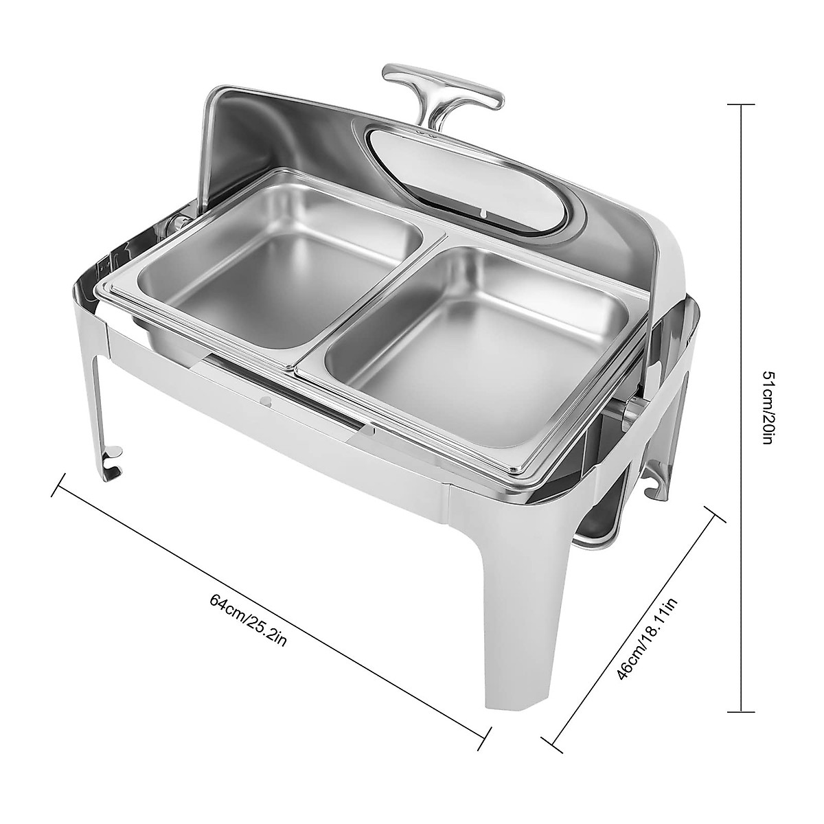 Roll Top Chafing Dish Buffet Set 9L/9.54Qt Stainless Steel Buffet Chafing Server Set Rectangular Buffet Chafer and Food Warmer for Catering Event Parties,25.2 * 18.11 * 17.32in (with Visible Window)