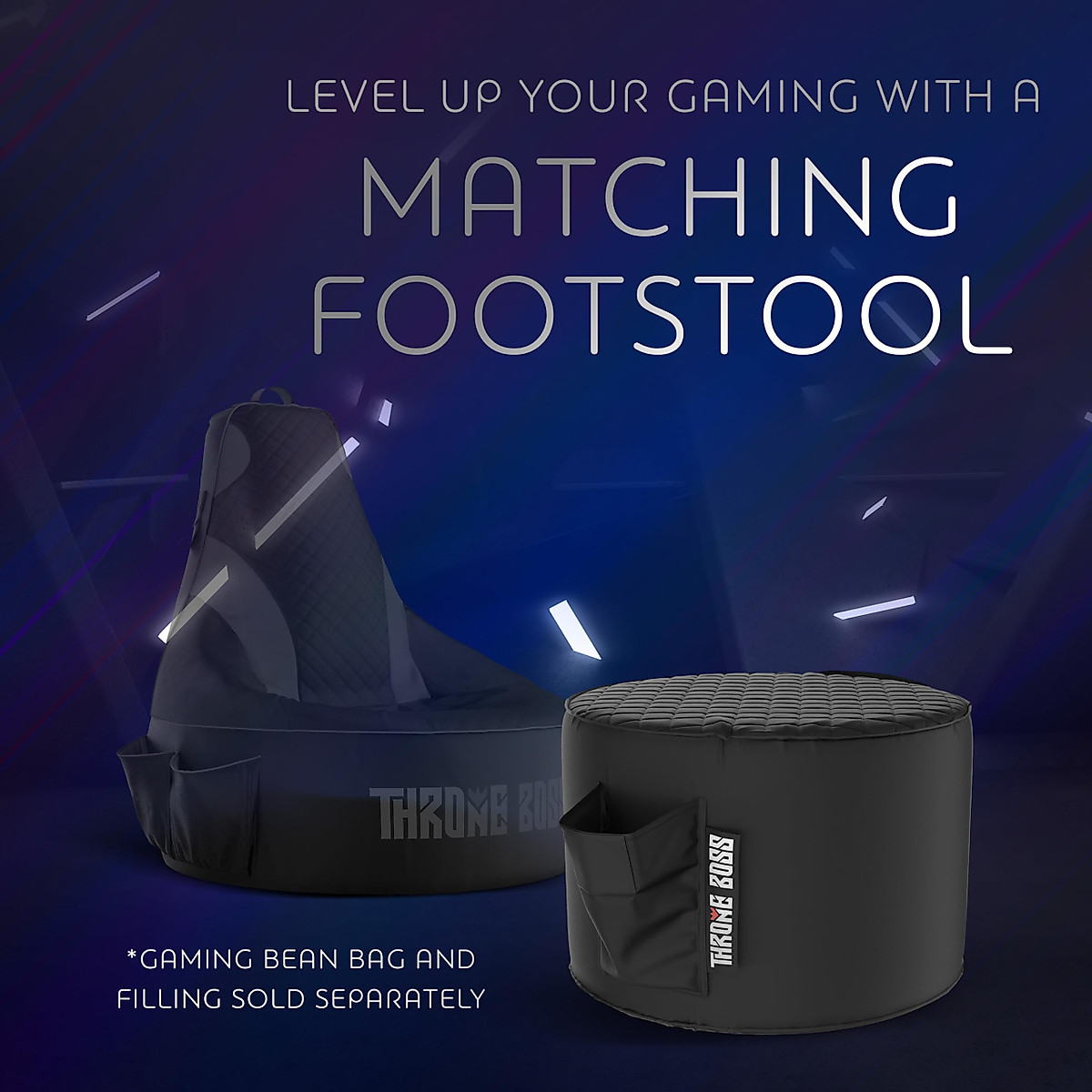 Throne Boss Gaming Footstool [Cover ONLY No Filling] - for Matching Gaming Bean Bag Chair - Pouf/Ottoman for Gaming Room - Round Gamer Foot Stool Footrest with Drink Holder (Black)