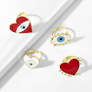 Caiyao 1/4Pcs Drop Oil Heart Evil Eye Enamel Ring Statement Peach Big Love Blue Eye Bless Ring Inspirational Turkish Hamsa Adjustable Open for Women Charm Protection Jewelry-D white