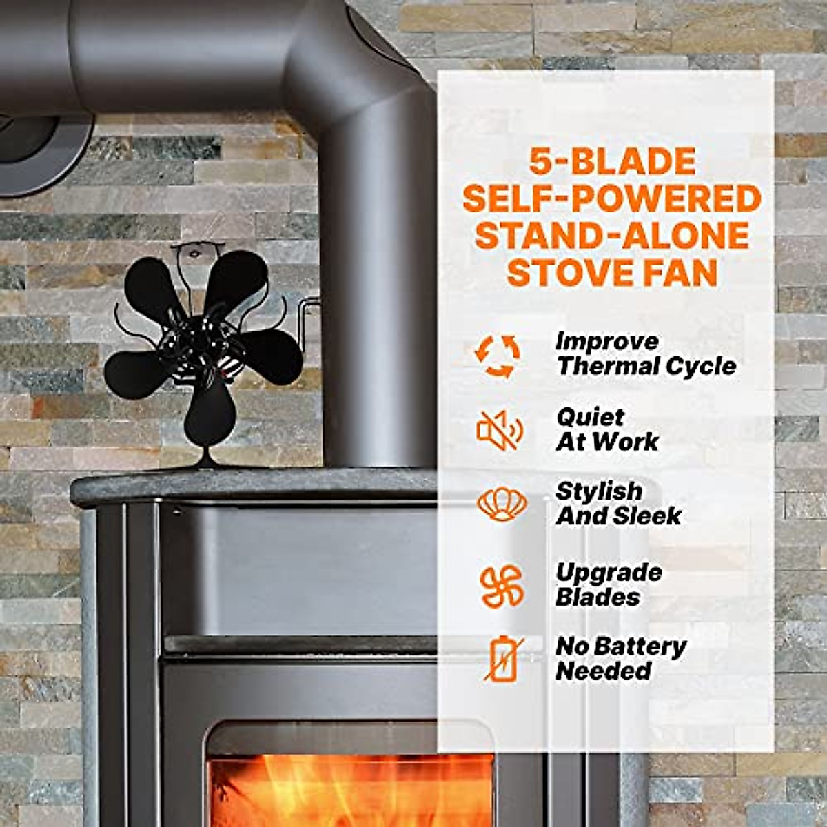 LerkeHony Wood Stove Fan Heat Powered, Fireplace Fan with Thermometer, Circulating Warm Air Saving Fuel Efficiently, for Wood/Log Burner/Fireplace, 5-Blade