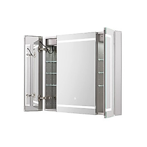 AQUADOM Royale Plus LED Medicine Mirror Cabinet 36in x 30in x 5in 3 Doors, Recessed Surface Mounted, Defogger, LED 3X Makeup Mirror, Electrical Outlets, Interior LED Light